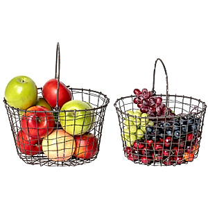 Red Co. All-Purpose Country Rustic Small Basket Display Bin, Gray Iron Metal Wire with Wooden Handle, Set of 2- Large- 10 Inches and Small- 8.75 Inches
