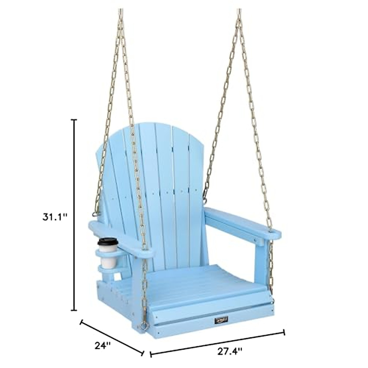 VINGLI Heavy Duty 880 LBS HDPE Porch Swing Outdoor with Rotatable Cup Holder, 1-Person Patio Hanging Swing with Adjustable Chains for Porch, Yard, Tree, Garden (Lake Blue)
