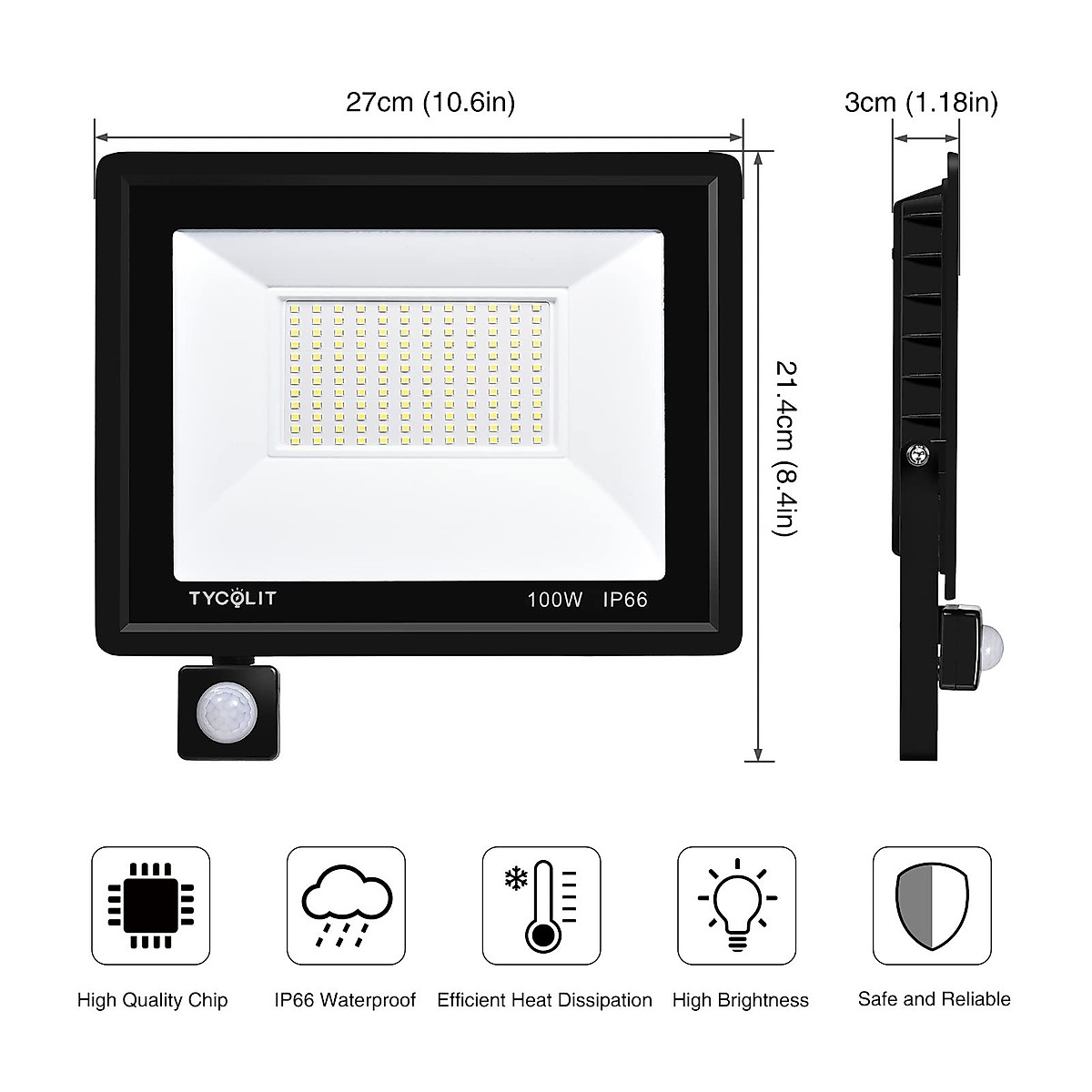 FEETOX Flood Lights Outdoor, Energy Saving Heads Motion Sensor Lights, Waterproof Shell Wall Mount Exterior LED Flood Light, Die-Cast Aluminum Alloy Security Light for Garden, Factories, Stadium