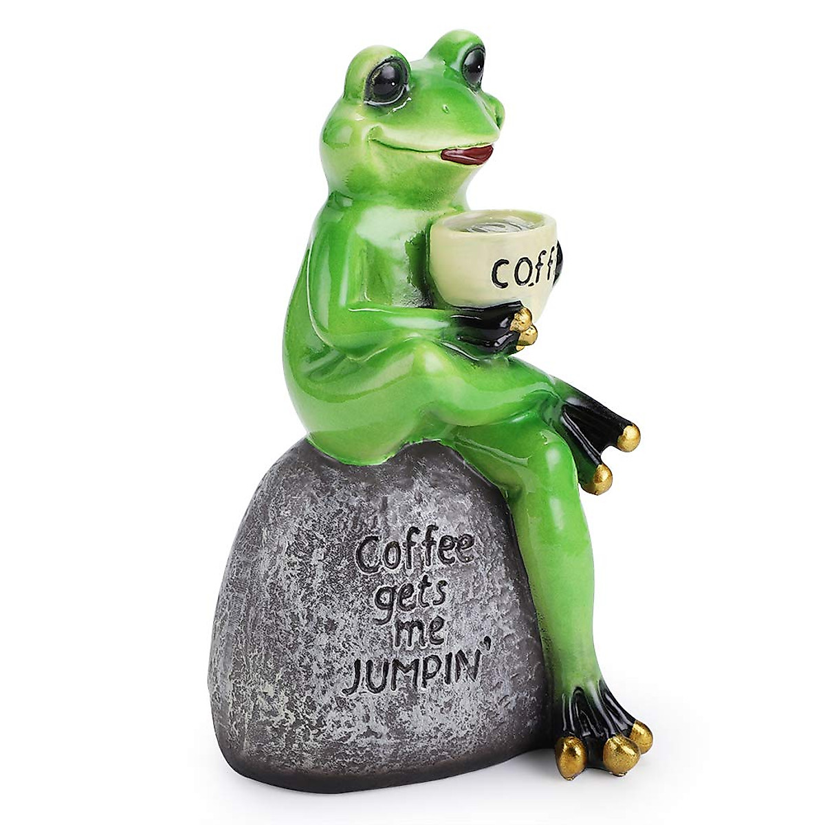 JUXYES Creative Craft Resin Frog Figurine Decor, Frog Sitting On Stone Statue Drinking Coffee Sculpture Statue, Personalized Collectible Figurines Mascot Frog for Indoor Outdoor Garden Decoration