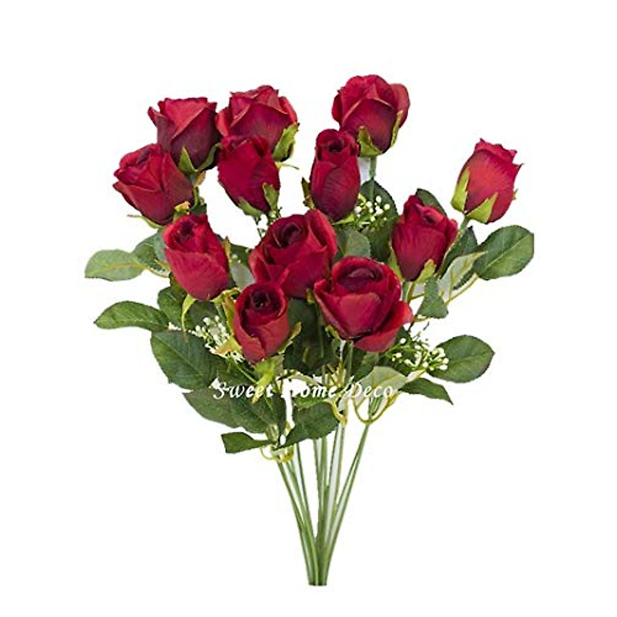 Sweet Home Deco 18'' Silk Rose Bud Artificial Flower Bush (12 Stems/12 Flowers) Wedding Home Decoration (Red)