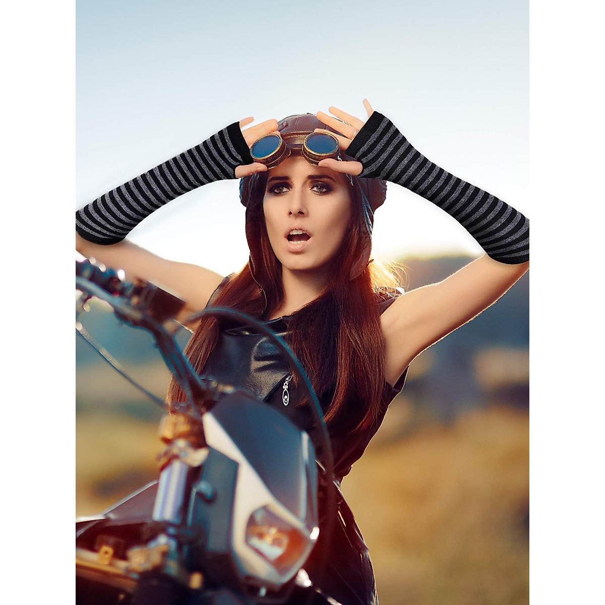 4 Pairs Women Knit Arm Warmers Long Fingerless Gloves Knitted Elbow Length Gloves Thumb Hole Gloves Winter (Black White, Black Grey, Black Blue, Black Coffee)