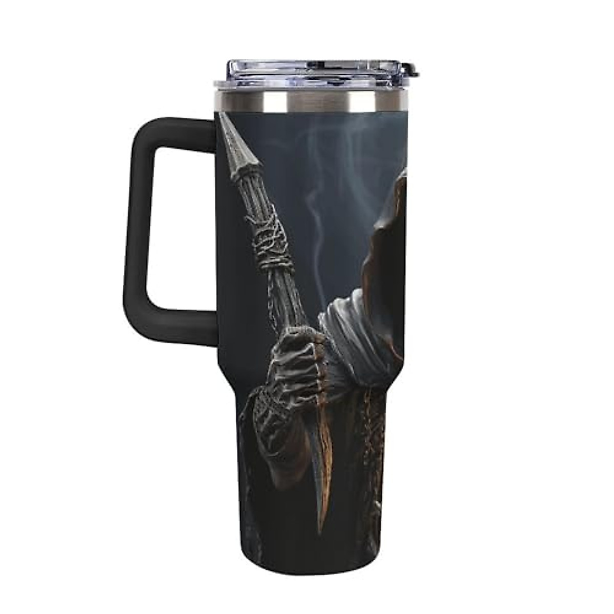 LLUTSNTH 40 Oz Vacuum Tumbler with Black Handle Leakproof Insulated Tumbler Grim-Reaper Stainless Steel Travel Mug with Lid And Straw Coffee Cup Cute Water Bottles Cup Holder Friendly