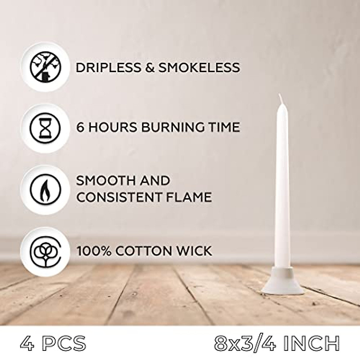 Sonedly 8 inch Taper Candle 4 Pack - Home Decor Dripless Candles Long Burning Smokeless and Unscented Candlesticks - Tapered Candles for Home - 6-Hour Burning White Candles