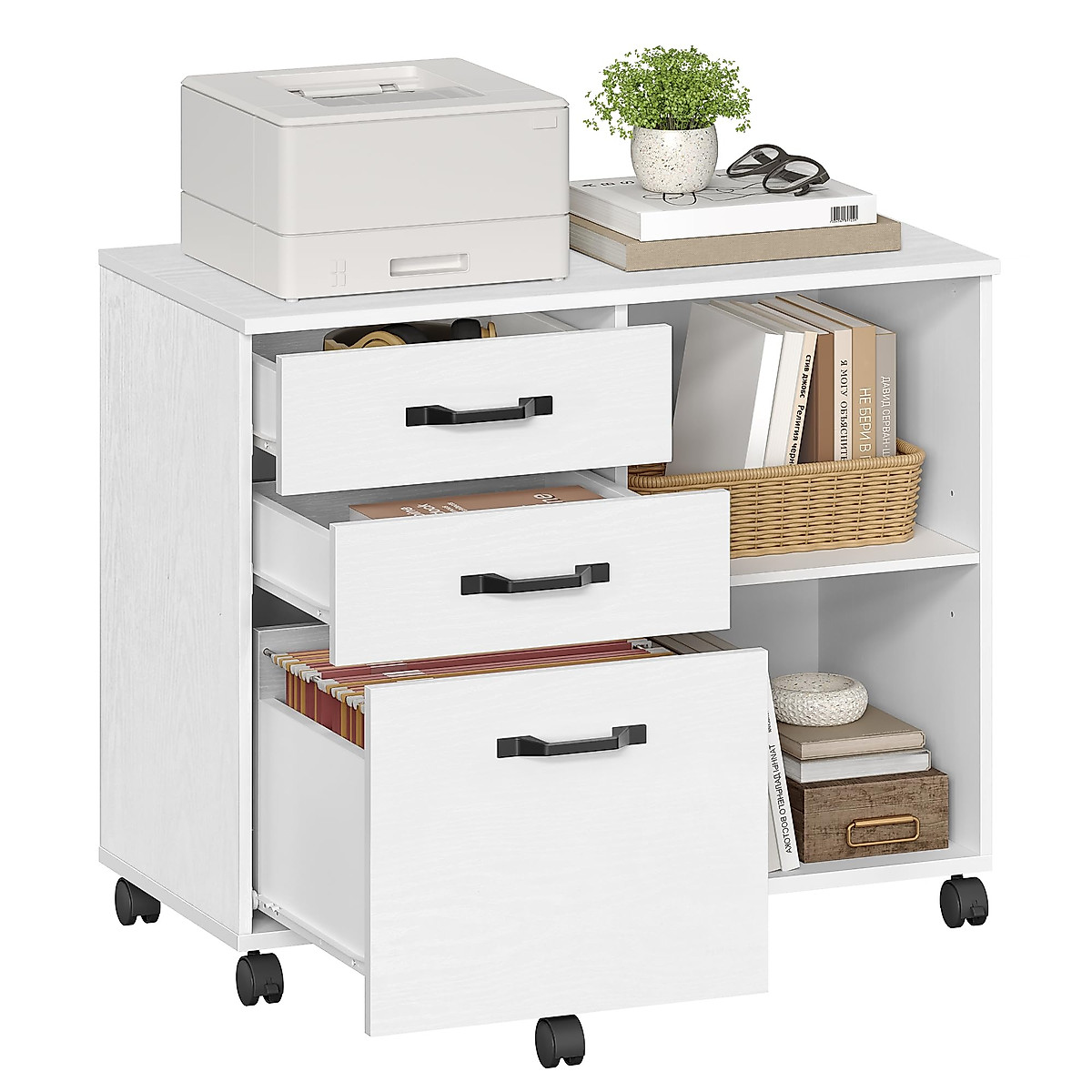 VASAGLE Lateral File Cabinet, Home Office Printer Stand, 3-Drawer Mobile Filing Cabinet with Open Storage Shelves, for A4, Letter-Size Files, White with Wood Grain UOFC041W46