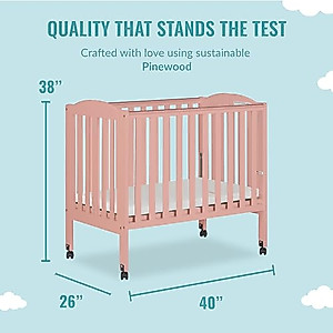 Dream On Me 2-in-1 Portable Folding Stationary Side Crib in Dusty Pink, Greenguard Gold Certified, Two Adjustable Mattress Height Positions,Made of Solid Pinewood, Flat Folding Crib