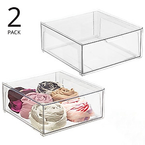 mDesign Plastic Stackable Closet Storage Organizer Bin Containers with Front Pull Drawer for Cabinet, Desk, Shelf, Cupboard, or Dresser Organization - Lumiere Collection - 2 Pack - Clear