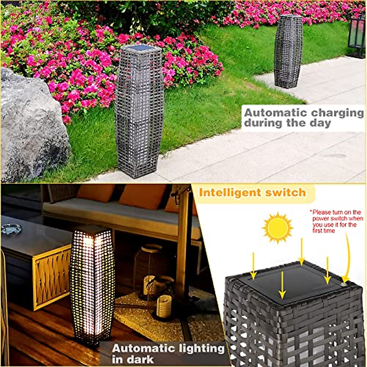UCAJULICY Solar Floor lamp Outdoor Decoration Resin Wicker/Rattan Lantern Waterproof Automatic Switch,for Patio Deck Pathway Garden (Grey)