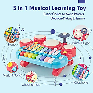 1 Year Old Girl Birthday Gift - Toys for 2 Year Old Girls Toddler - 5 in 1 Baby & Toddler Toys with Baby Piano, Drum Set for Toddlers 1-3, Xylophone, Musical Toys, Whack-A-Mole - 1st One Year Old Toys