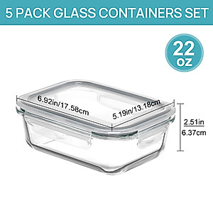 Vtopmart 5Pack 22oz Glass Storage Containers with Lids, Meal Prep Food Containers Sets, Glass Lunch Containers Bento Box with Snap Airtight Lids for Microwave, Oven, Freezer and Dishwasher