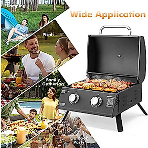 Portable Gas Grill, 20,000 BTU Two Burner Tabletop Barbecue Grill w/Built-in Thermometer, Grease Tray, Waterproof Top Lid, Folding Legs, Compact Propane Grill for Backyard, Camping, Picnic