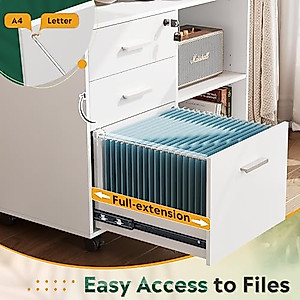 DEVAISE 3-Drawer Wood File Cabinet with Lock, Mobile Lateral Filing Cabinet, Printer Stand with Open Storage Shelves for Home Office, White