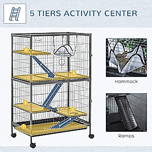 PawHut 50" H 5-Tier Small Animal Cage, Ferret Cage, Large Chinchilla Cage with Hammock Accessory Heavy-Duty Steel Wire, Small Animal Habitat with 4 Doors, Removable Tray