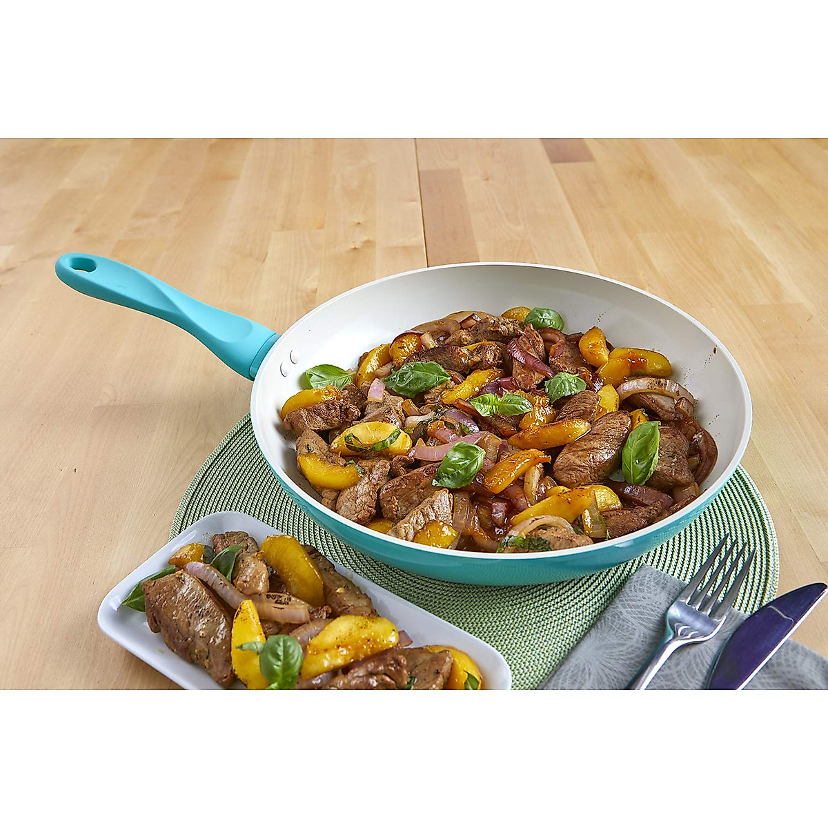 IMUSA USA Forged Sauté Pan with Soft-Touch Handle & Ceramic Nonstick Interior 12-Inch, Teal, 12 Inches