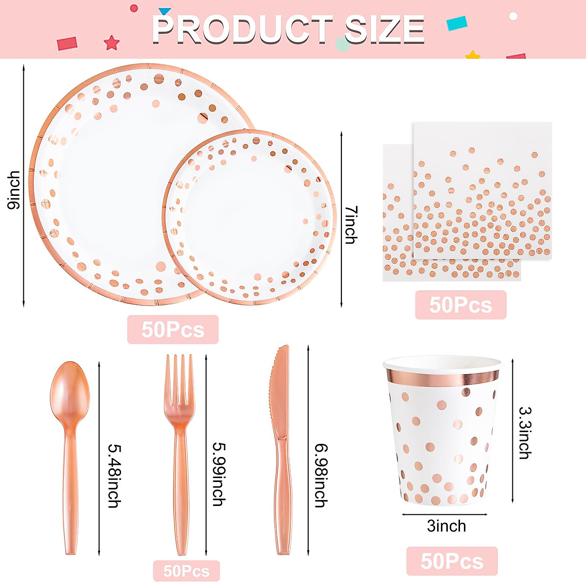 Supernal 350pcs Rose Gold Plates and Napkins Party Supplies,Happy Birthday Plates and Napkins,Rose Gold Paper Plates,Napkins,Cups,Rose Gold Plastic Forks,Knives,Spoons for Womens Birthday Decorations