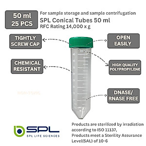 SPL 50ml Conical Centrifuge Tube Polypropylene Screw Cap, Sterile Non - pyrogenic, Non - cytotoxic, DNase/RNase - Free, Human DNA - Free Resealable Bags (25 Tubes)