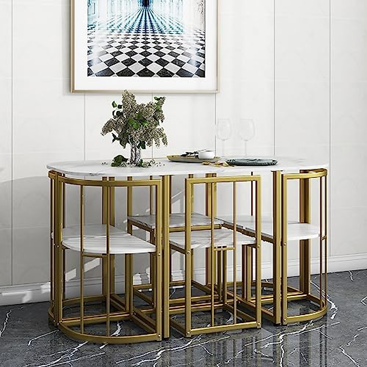 Merax Compact Dining Table and Chairs for Small Space Faux Marble Dining Table Set for 6, 55inch Kitchen Table 7 Piece Set for Dining Room Living Room Modern Style