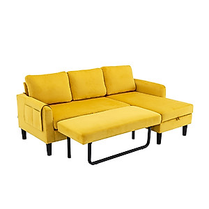RXRRXY Sectional Sleeper Sofa Bed with Convertible Storage Chaise Lounge, Upholstered L-Shaped Pull Out Sofa Couch Bed with Side Pocket and 3 Removable Pillows for Living Room, Apartment (Yellow)
