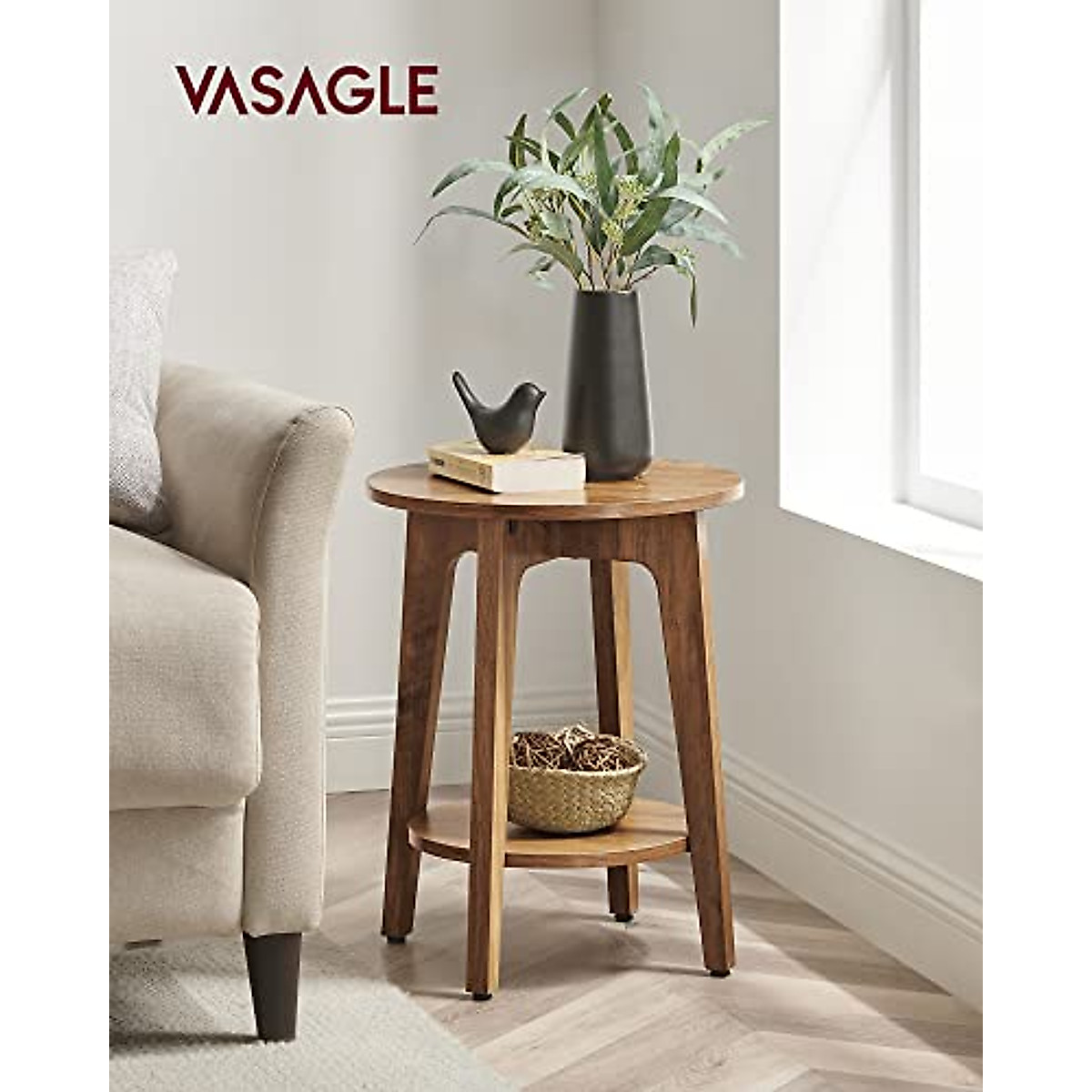 VASAGLE Round End Table with Lower Shelf, Nightstand for Small Spaces, 15.8 x15.8 x 19.7 Inches, Rustic Walnut