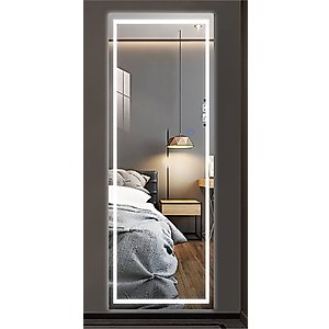 DaNeti 63"x16" LED Floor Mirror Aluminum Alloy Frame Right Angle Full Length Mirror with Bracket,Slive