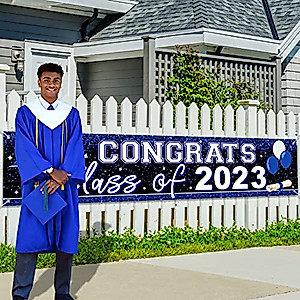 Large Congrats Grad Banner Blue Class of 2023 Banner Backdrop Graduation 2023 Yard Sign for Graduation Party Supplies Graduation Decorations 2023 (Blue)