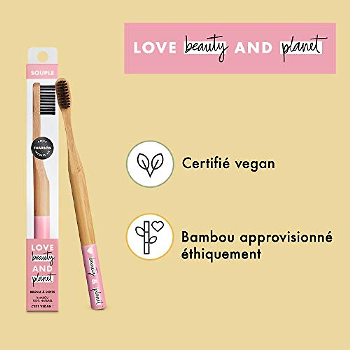 Love Beauty And Planet Manual Toothbrush Soft Vegan Handle, Natural Bamboo Handle, Charcoal Infused Bristles, Vegan Certified x 1