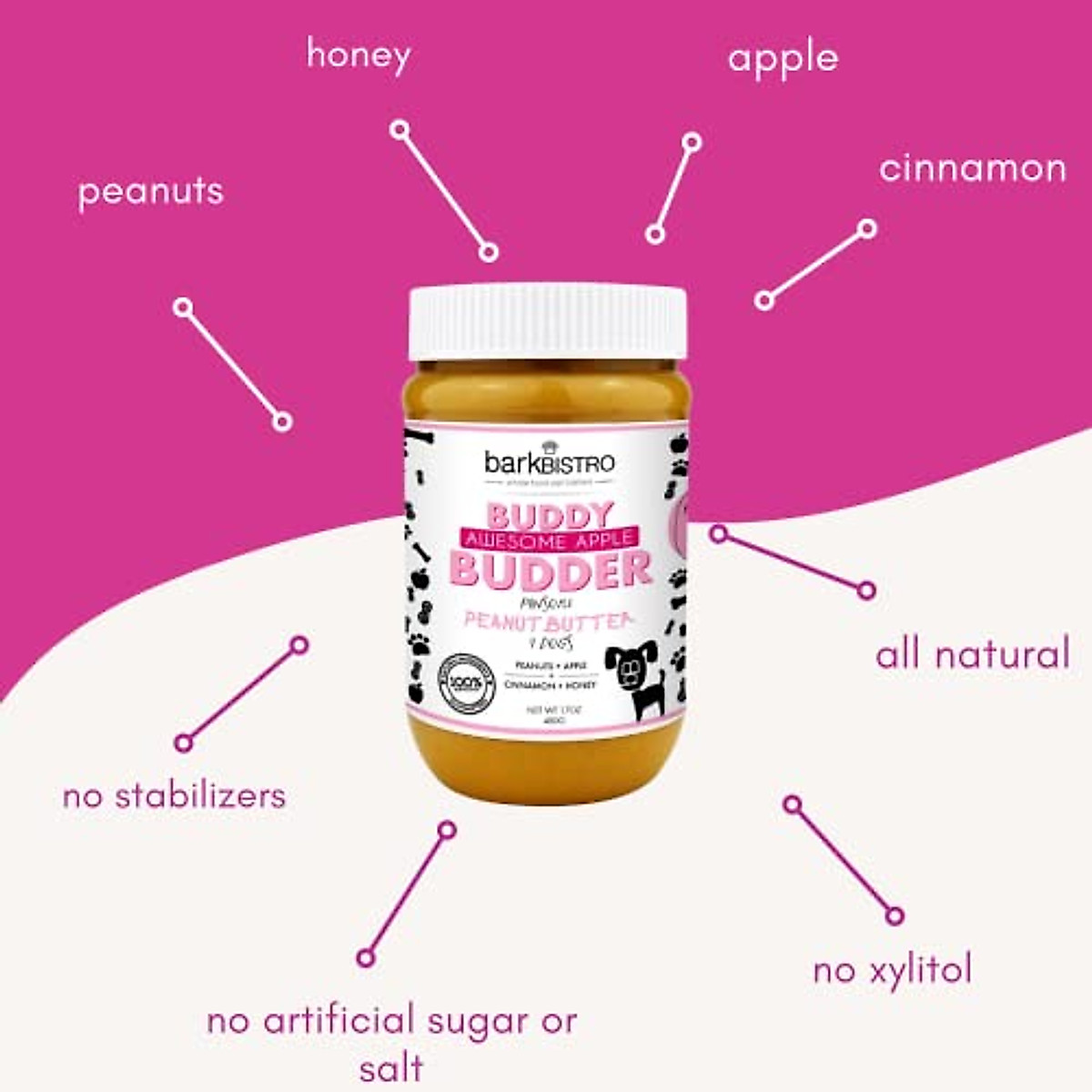 Bark Bistro Company, Awesome Apple, 100% Natural Dog Peanut Butter, Healthy Peanut Butter Dog Treats, Stuff in Toy, Pill Pocket for Dogs, Made in USA, (17oz Jars)