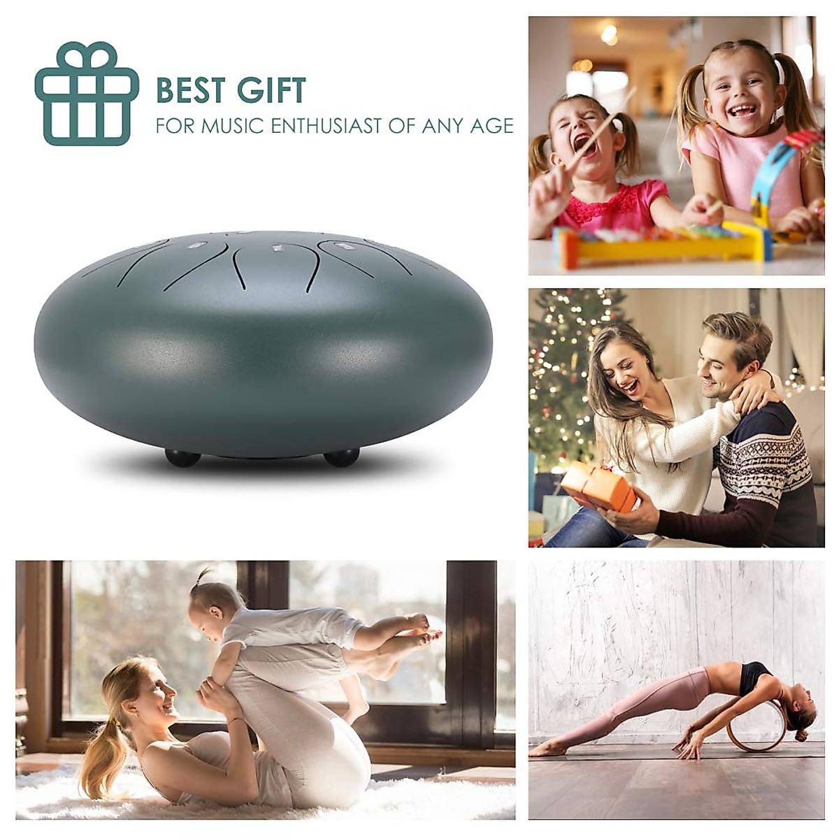 Tongue Drum, 12 Inch 11Notes Steel Tongue Drum Percussion instrument with Drum Mallets Carry Bag, 2 Drumsticks And Textbook (Green)