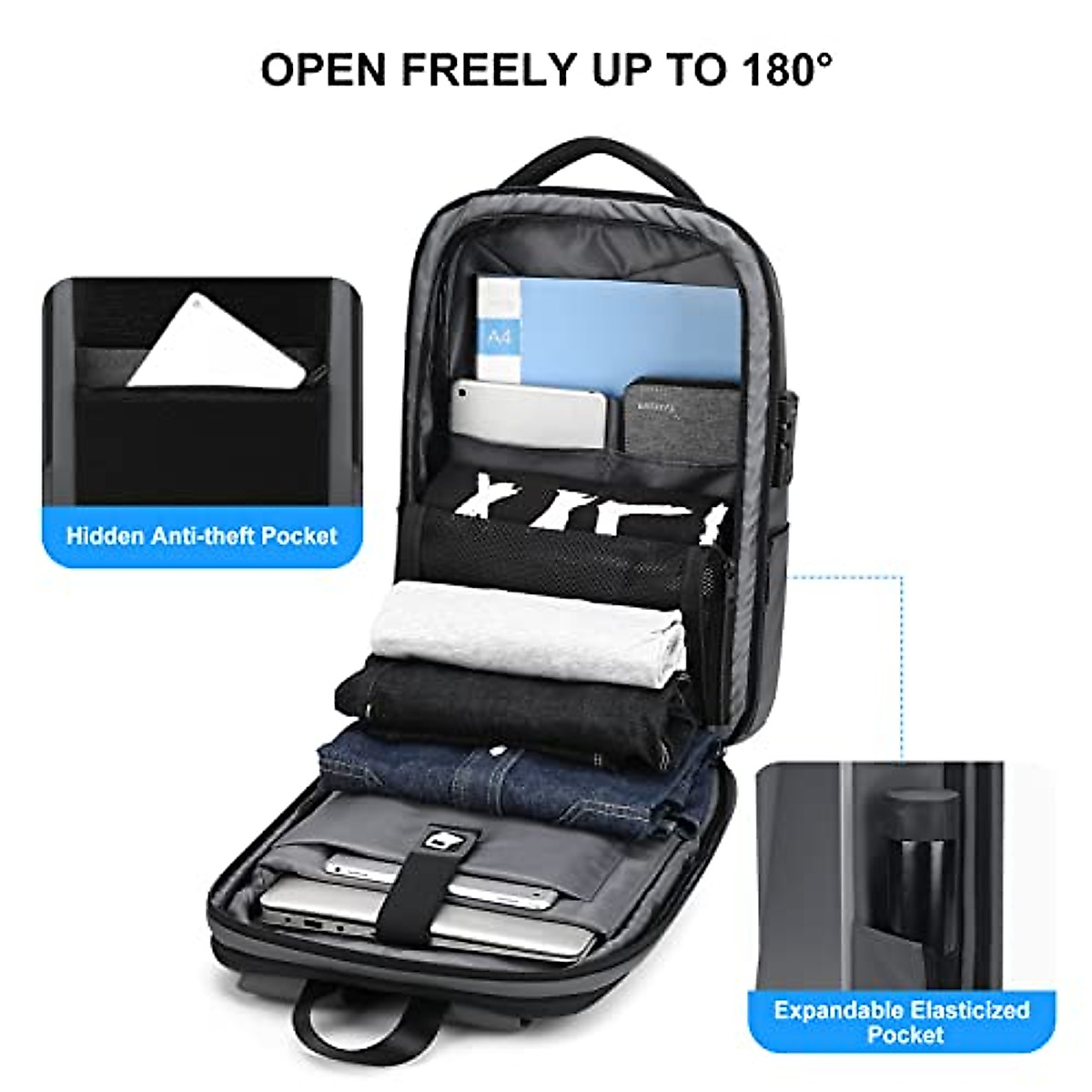 FENRUIEN Anti Theft Hard Shell Backpack 15.6-Inch,Expandable Slim Business Travel Laptop Backpack for Men,Water Resistant Grey Laptop Bag with USB Port