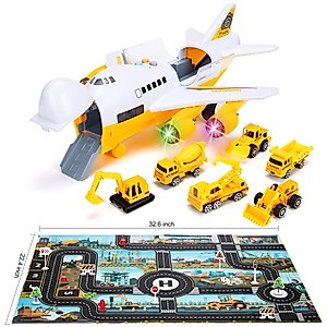 Car Toys Set with Transport Cargo Airplane and Large Play Mat, Educational Vehicle Construction Car Set for Kids Toddler Boys Child Gift for 3 4 5 6 Years Old, 6 Cars, Large Plane, 11 Road Signs