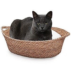 MewMewLand Natural Cat Wicker Bed Basket, Handmade Braided Cattail Leaf Kitten Bed with Soft Cushion Medium Oval