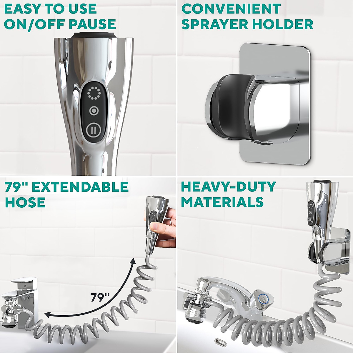 Heavy-Duty Faucet Sprayer Attachment - Leak-Proof Sink Hose Sprayer w/ 5 Adapters & Diverter Valve - 79” Recoil Hose with 2 Spray Modes - Ideal for Kitchen, Tub, Bathroom, Garden, Pets