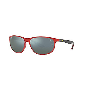 Ray-Ban RB4394M Scuderia Ferrari Collection Square Sunglasses, Matte Red/Green Mirrored Silver Polarized, 61 mm