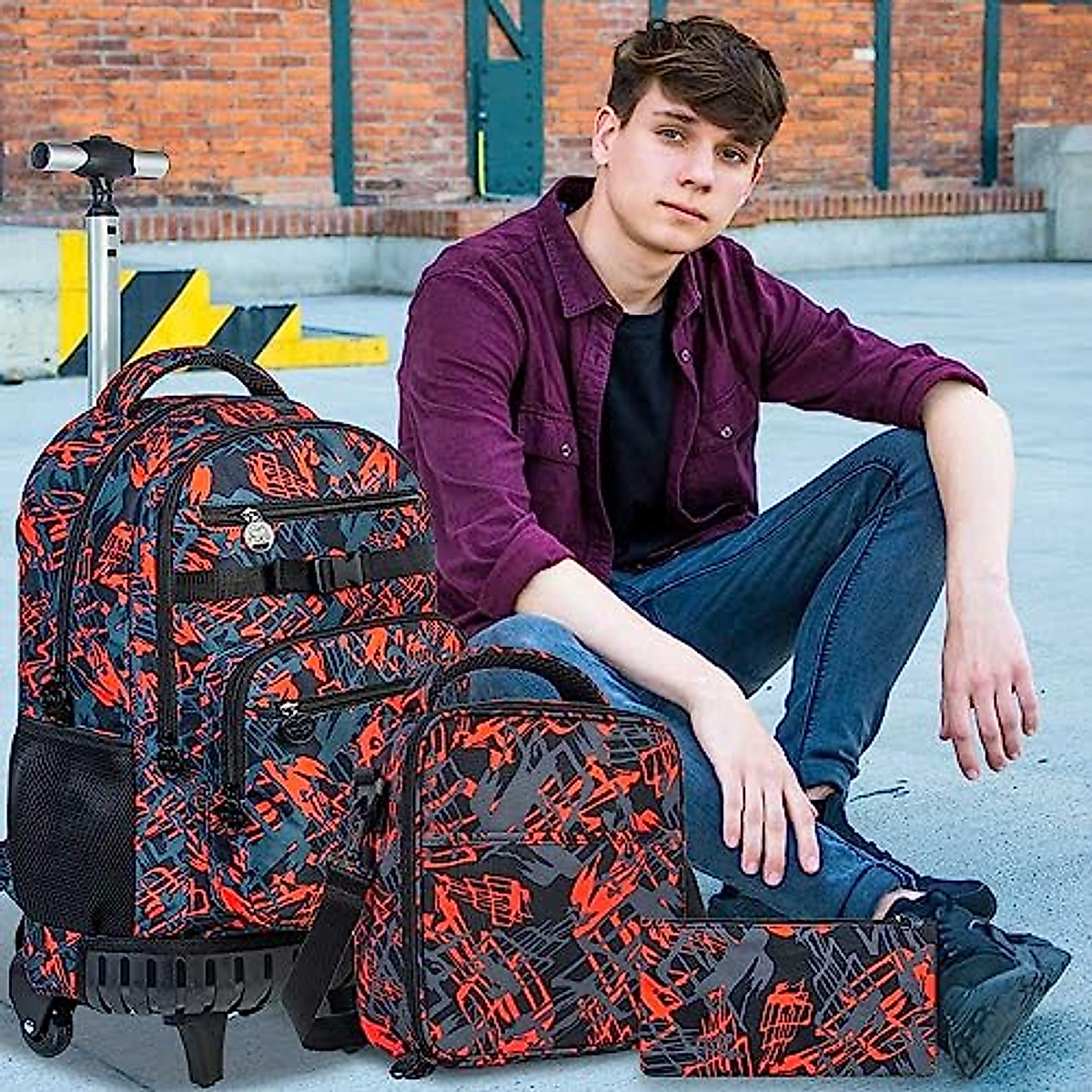ZLYERT 3PCS Rolling Backpack for Boys, Travel Wheeled Backpacks for Adults, Teens College Roller Bookbag with Wheels for Men - Red