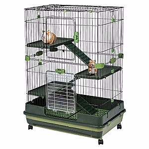 4-Tier Animal Metal Cage Small Cat Cage Height Adjustable Rabbits Cage with Lockable Casters, Pull-Out Tray Fits Rabbits, Chinchillas, Ferrets, Guinea Pigs, Squirrels, Hedgehogs (Green)