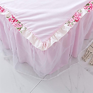 FADFAY Floral Bedskirt Set Lace Bedding Pink Duvet Cover Set Rose Printed 100% Cotton Queen House Bedding Sets for Girls Women (4-Piece, Queen, Pink)