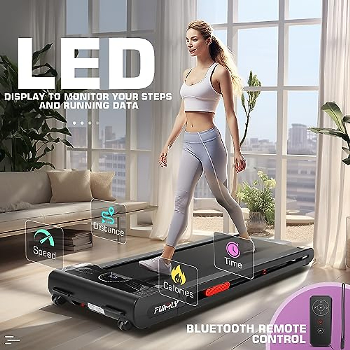 FUNMILY Under Desk Treadmill 2 in 1 Walking Pad Treadmill, 2.5HP Treadmills for Home 300lbs Weight Capacity, App & Bluetooth Remote Control Running Machine with Shock Absorption System & LED Display