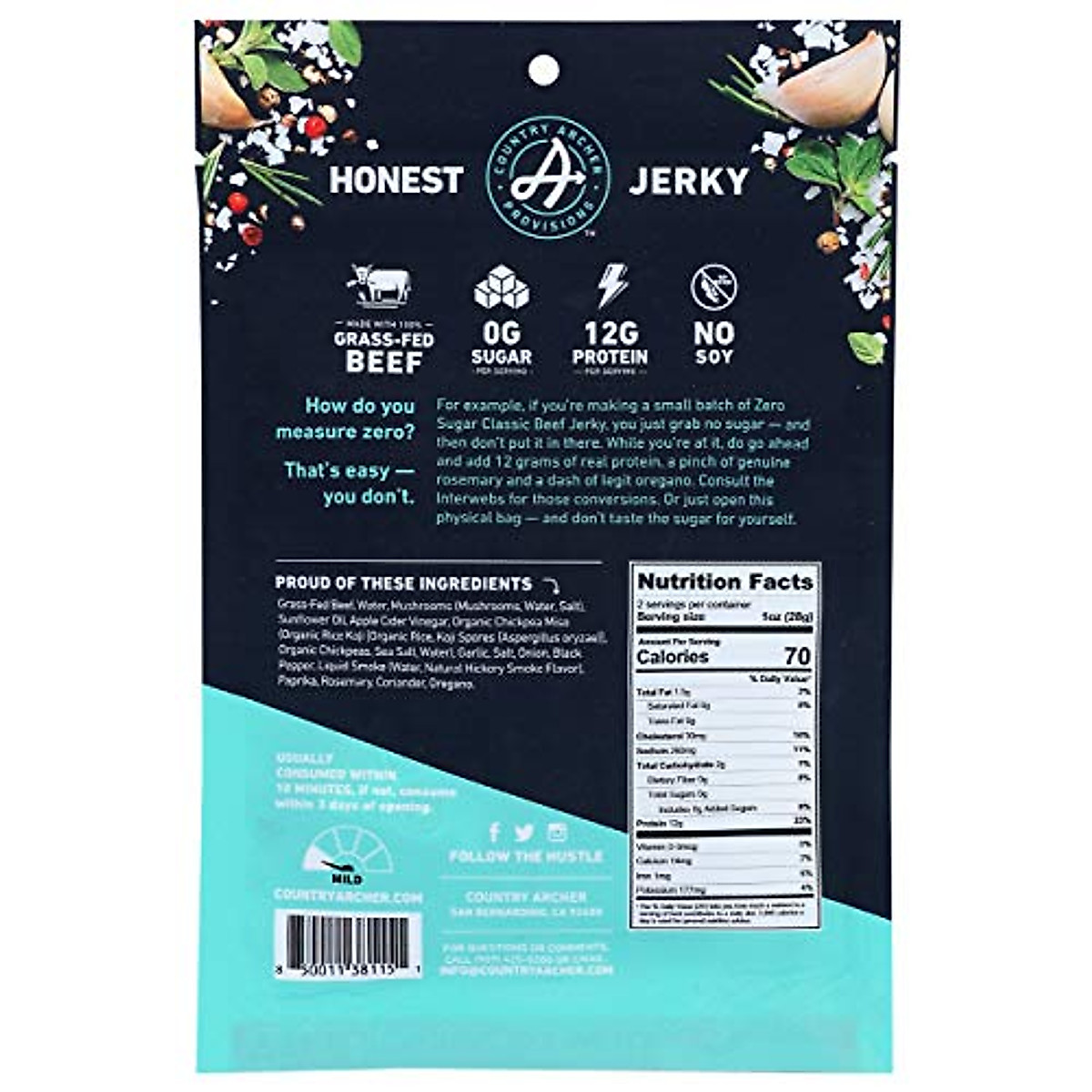 COUNTRY ARCHER Classic Grass Fed Beef Jerky, 2 OZ