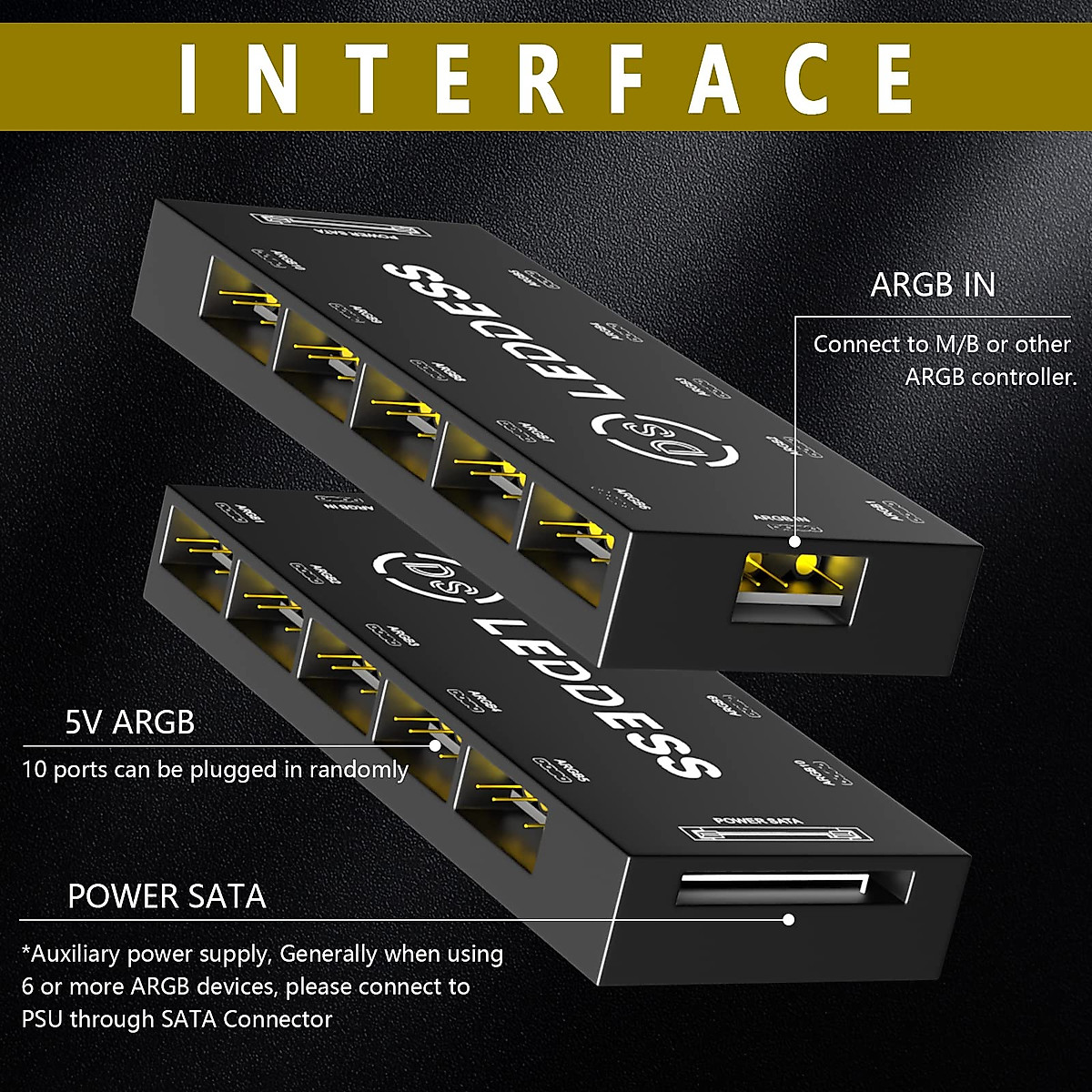 DS leddess Connector 11 Port ARGB Splitter Hub for LED Fans and Lights, SATA Power 1 to 10 ARGB Extension Cords, 5V ARGB Motherboard Sync(B Series)
