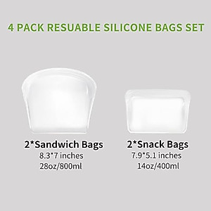 KVK Silicone Reusable Food Storage Bags, 4 Pack Heavy Duty Leakproof Ziplock Bags, Oven, Microwave & Dishwasher Safe, 100% Food Grade Silicone