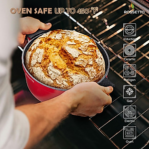 ROSSETTO 6QT Dutch Oven Pot with Lid, Ceramic Dutch Oven with Silicone Assist Handle Holder, Dishwasher Safe, Oven Safe, Non-Stick & Non-Toxic Bread Dutch Oven for Baking, Brasing, Soups, Red