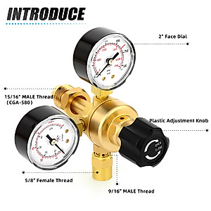 MEANLIN MEASURE Argon CO2 Regulators Gauges Gas Welding Regulator CGA580 Fitting With Miller Lincoln Mig Tig Weld With 60 Inch Hose 0-4500PSI / 0-10BAR