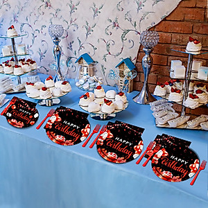 200Pcs Red and Black Birthday Party Tableware Set Confetti Sprinkles Happy Birthday Supplies Red and Black Paper Plates and Napkins Forks for Man and Woman Birthday Party Decorations for 50 Guests