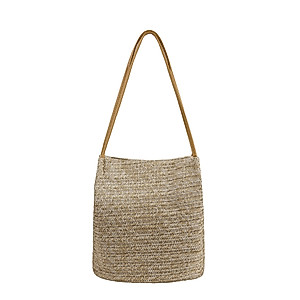Women Straw Shoulder Bag Bucket Bag Beach Hobo Handbag Top Handle Satchel Purse for Summer, Dark Beige