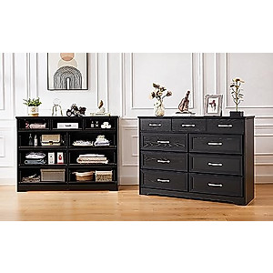 MengK Bedroom Dresser, 9 Drawer Long Dresser with Antique Handles, Wood Chest of Drawers for Kids Room, Living Room, Entry and Hallway, Black, 47.2'' W x 15.8'' D x 34.6'' H.