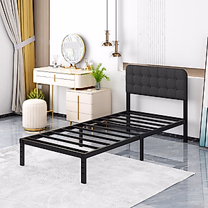 Likelalaso Twin Bed Frame with Upholstered Headboard, 12 inch Twin Metal Platform Bed Frame, Steel Slat Support, Noise Free, No Box Spring Needed, Easy Assembly, Black