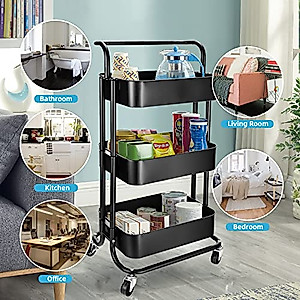 GSEEY 3 Tier Rolling Cart,Black Metal Storage Organizer Utility Cart on Lockable Wheels, for Kitchen,Bathroom,Office,Living Room (Black)