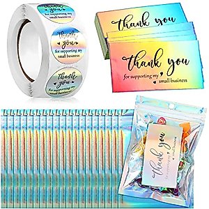 620 Pieces Thank Cards and Stickers Set Thank Gold Foil Stickers Thank for Supporting My Small Business Stickers with Resealable Packaging Bag, Suitable for Business Owners(Holographic)
