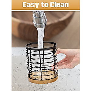 SPLMIFA Kitchen Utensil Holder Large Utensil Holder with Wooden Base and Matte Black Metal holder，Storage Solutions for Kitchen/Small Items Storage