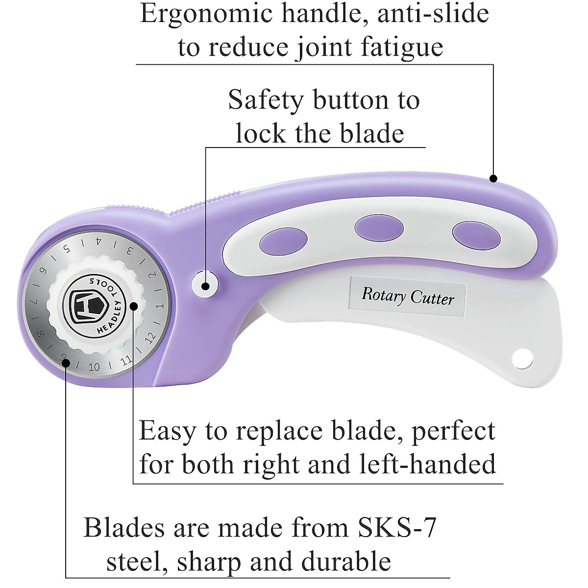 45mm Rotary Cutter for Fabric, Ergonomic Handle Rolling Cutter with Safety Lock for Fabric Leather Crafting Sewing Quilting, Fabric Cutter Wheel Perfect for Left & Right Hand (Purple)